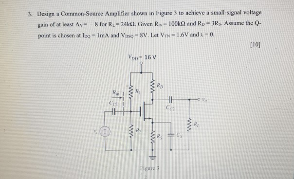 Solved 3. Design a Common-Source Amplifier shown in Figure 3 | Chegg.com
