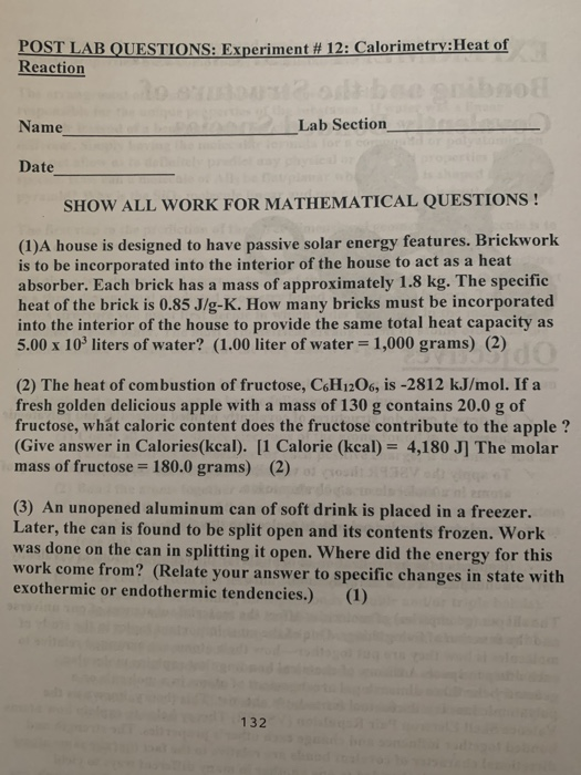 Solved POST LAB QUESTIONS: Experiment #12: Calorimetry:Heat | Chegg.com