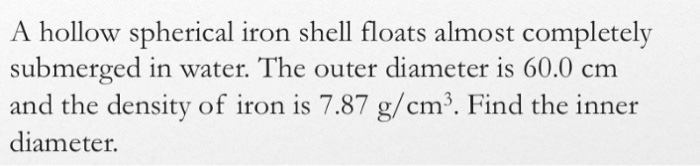 Solved A hollow spherical iron shell floats almost | Chegg.com