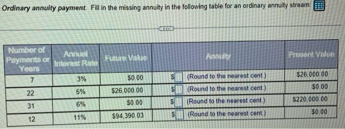 Solved Ordinary annuity payment. Fill in the missing annuity | Chegg.com