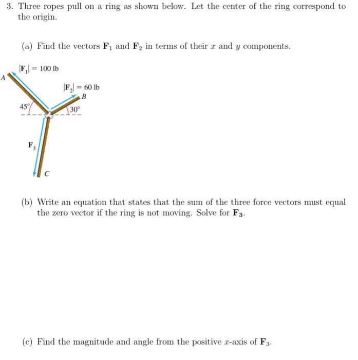 Solved 3. Three ropes pull on a ring as shown below. Let the | Chegg.com