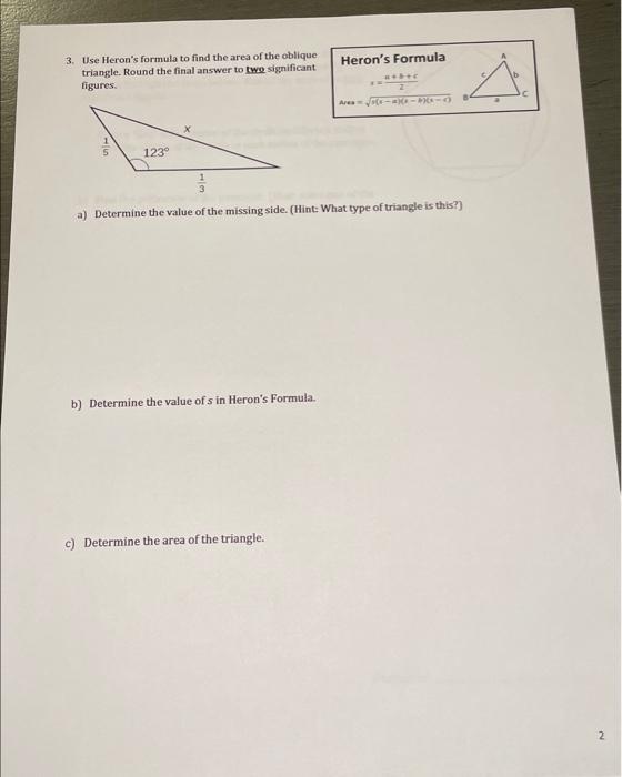 Solved 3. Use Heron's formula to find the area of the | Chegg.com