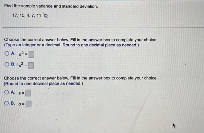 Solved Find the sample variance and standard deviation. | Chegg.com