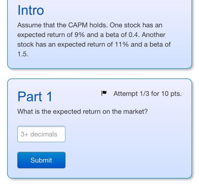 Solved Intro Assume that the CAPM holds. One stock has an | Chegg.com