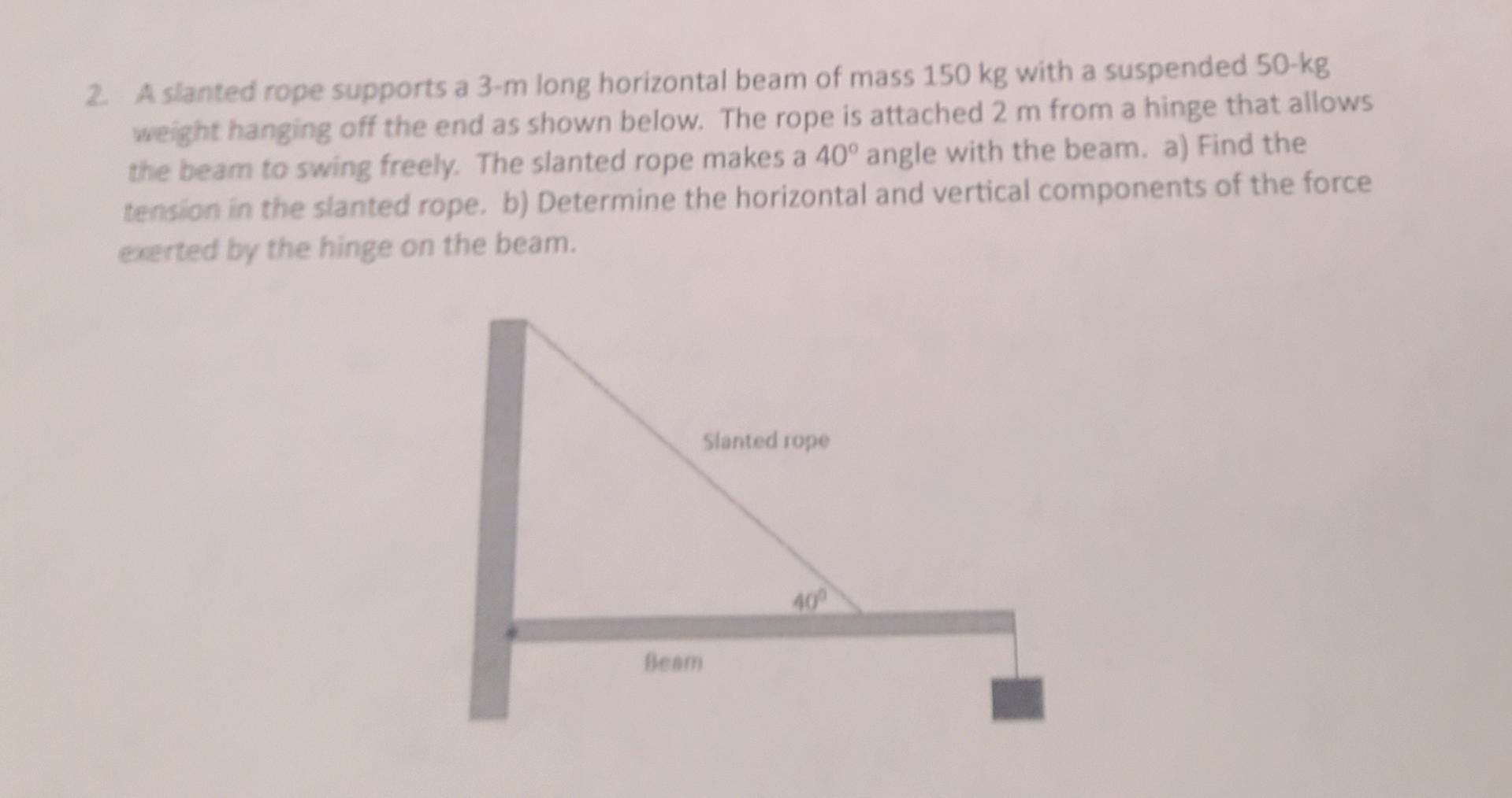 Solved 2. A slanted rope supports a 3−m long horizontal beam | Chegg.com
