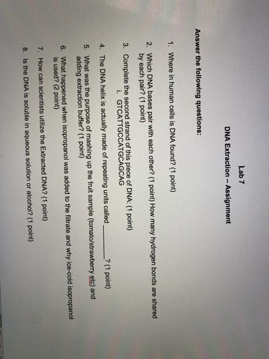 Solved Lab 7 DNA Extraction - Assignment Answer the | Chegg.com