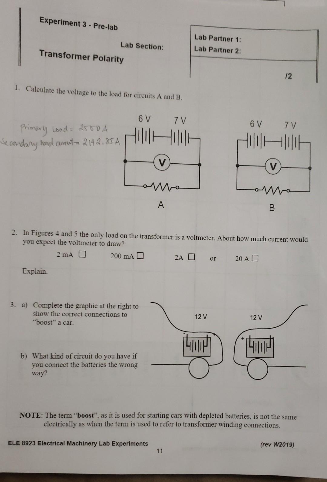 Solved Experiment 3- Pre-lab Lab Section: Transformer | Chegg.com