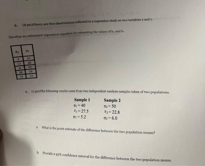 Solved 8. (8 pts) Given are five observations coilected in a | Chegg.com