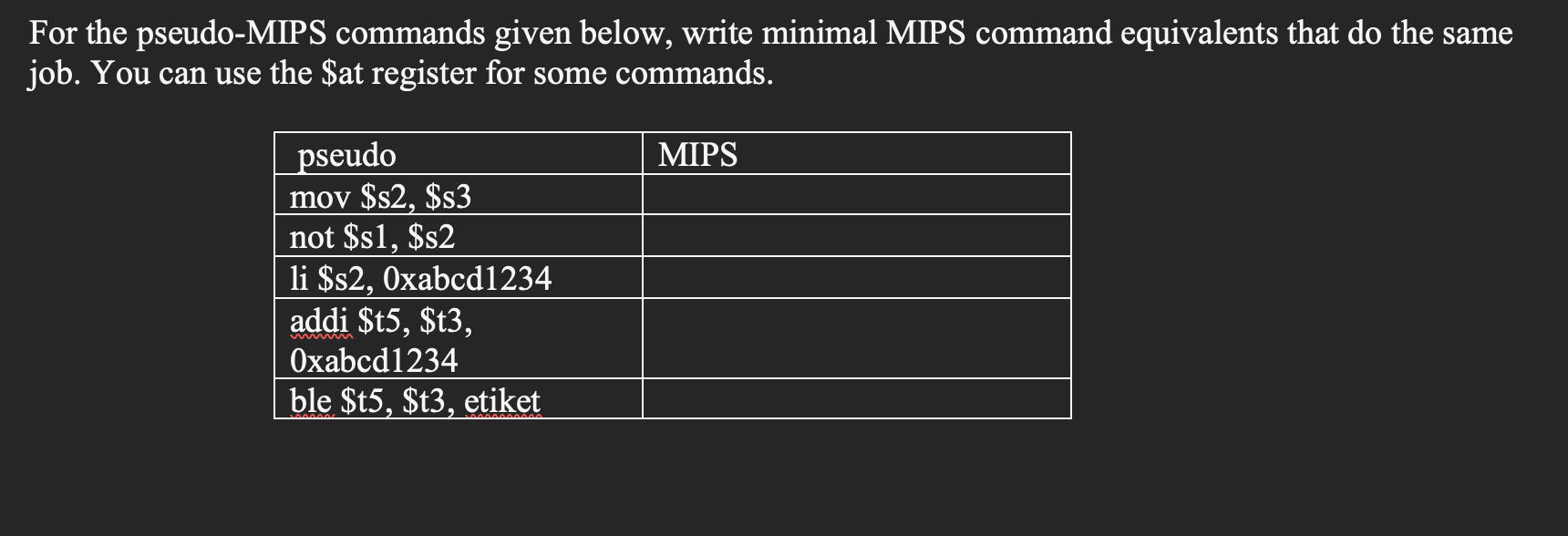 Solved Computer Org. MIPS Fill in the table | Chegg.com