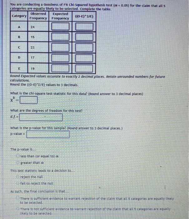 Solved You are conducting a Goodness of Fit Chi-Squared | Chegg.com