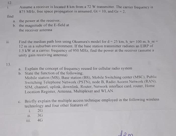 Solved 12. i. Assume a receiver is located 8 km from a 72 W | Chegg.com