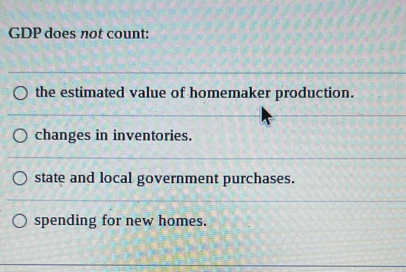 Solved GDP does not count:the estimated value of homemaker | Chegg.com