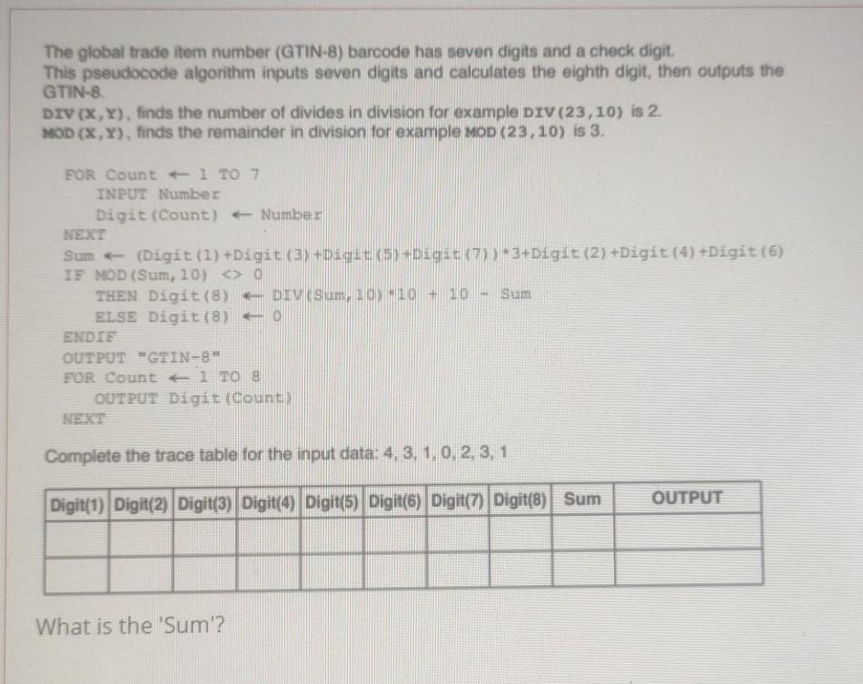 Solved The global trade item number (GTIN-8) barcode has | Chegg.com