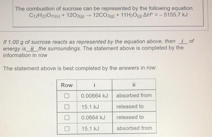 Solved The combustion of sucrose can be represented by the | Chegg.com