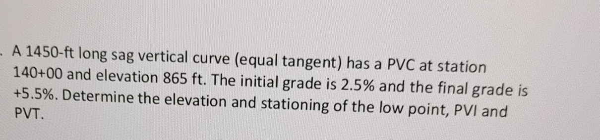 Solved A 1450-ft long sag vertical curve (equal tangent) | Chegg.com