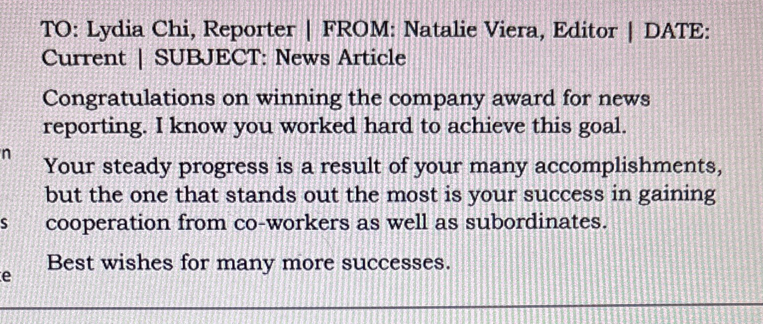 Solved TO: Lydia Chi, Reporter | ﻿FROM: Natalie Viera, | Chegg.com