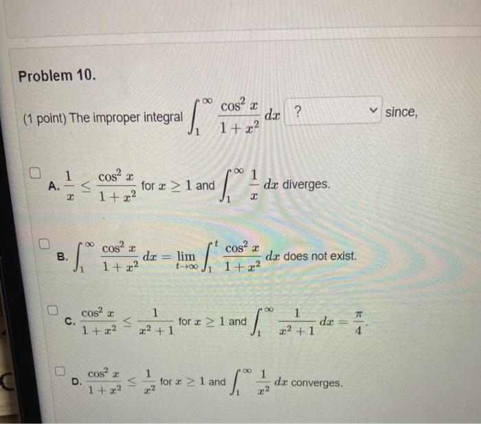 Solved Problem 10. (1 point) The improper integral 1,9 20 | Chegg.com