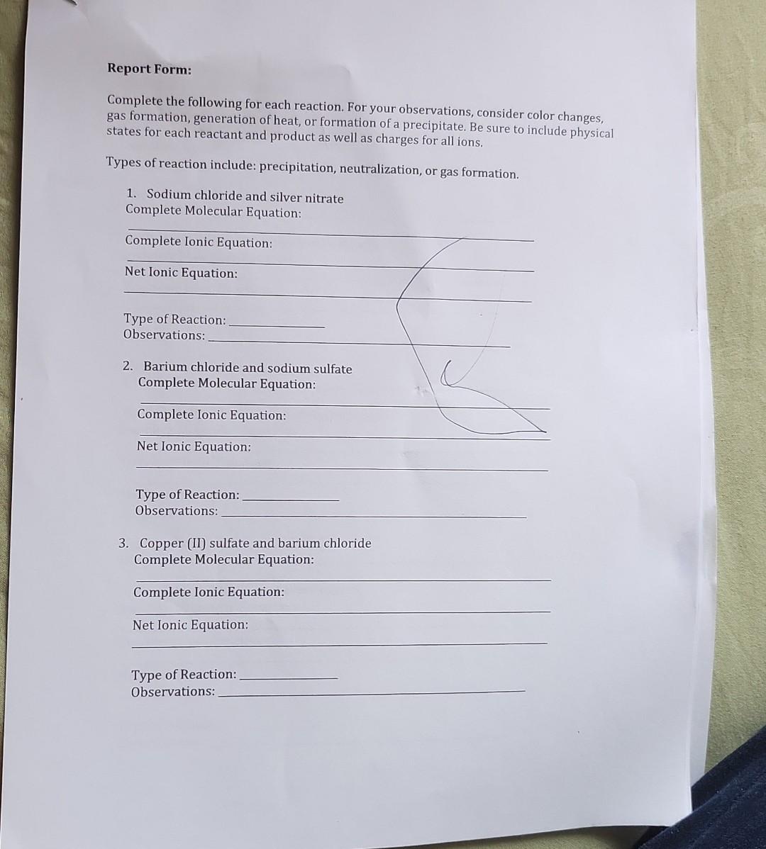 Solved Report Form: Complete the following for each | Chegg.com