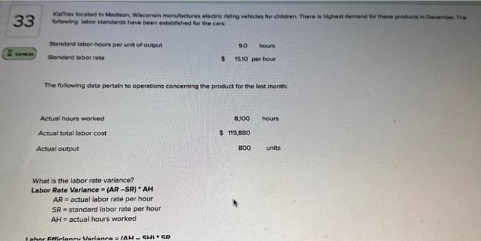 Solved Following iabor standards heve been establlahed for | Chegg.com
