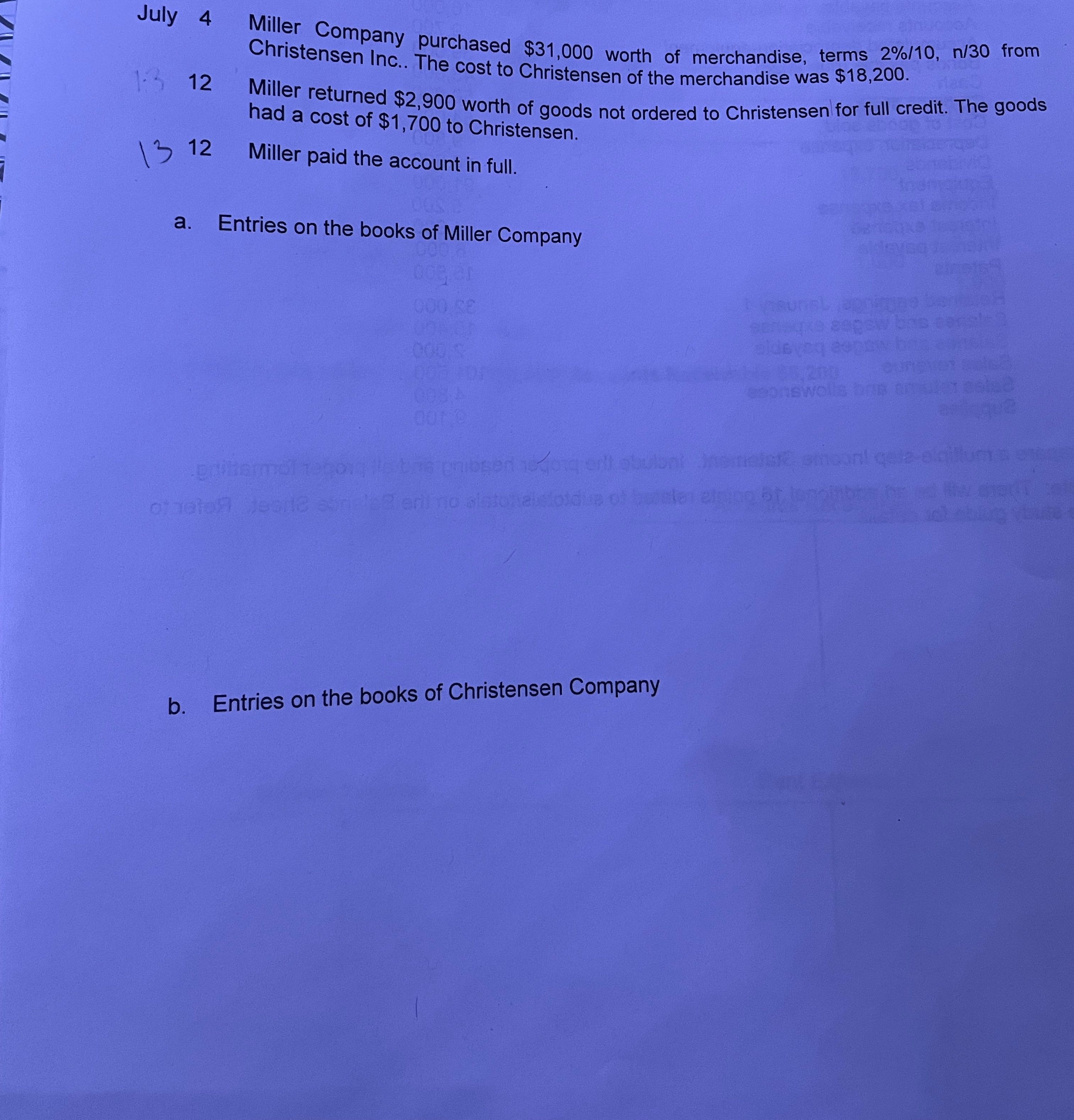 Solved July 4 ﻿Miller Company purchased $31,000 ﻿worth of | Chegg.com