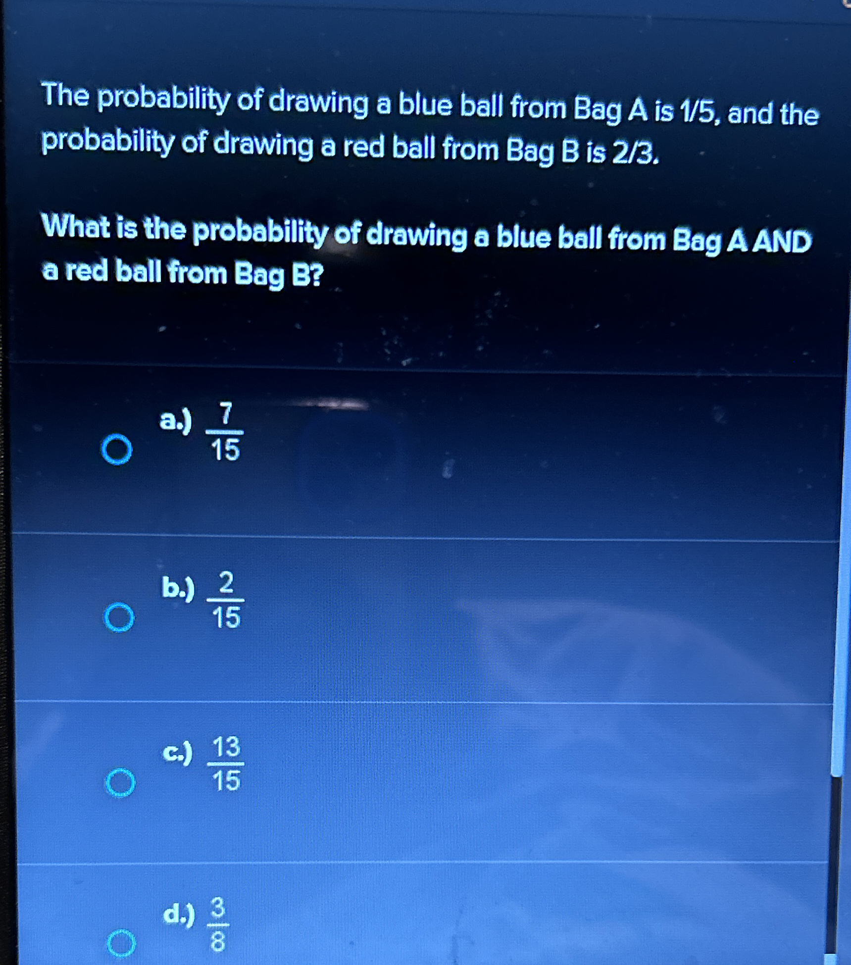 Solved The probability of drawing a blue ball from Bag A is | Chegg.com