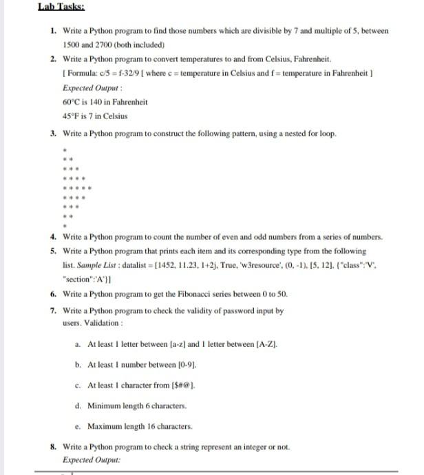Solved Lab Tasks: 1. Write a Python program to find those | Chegg.com