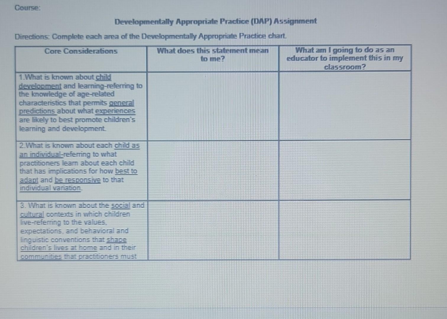 Developmentally Appropriate Practice (DAP) Assignment | Chegg.com