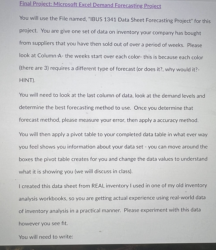 Solved Final Project: Microsoft Excel Demand Forecasting | Chegg.com