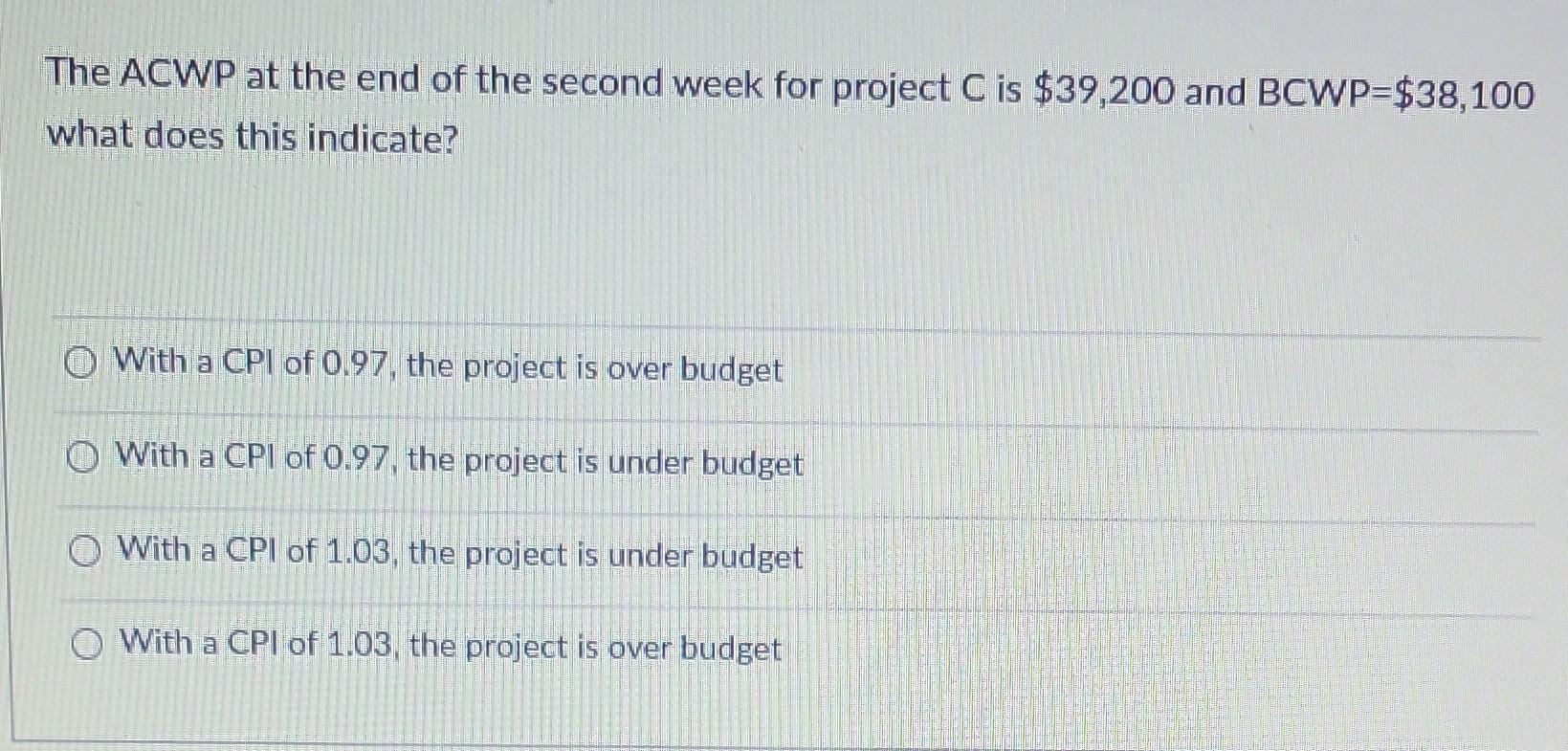 Solved The ACWP at the end of the second week for project C | Chegg.com