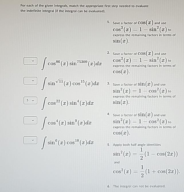 Solved For each of the given integrals, match the | Chegg.com