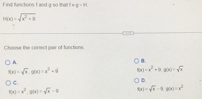 Solved Find functions f and g so that f o g = H | Chegg.com