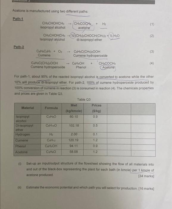 Solved Acetone is manufactured using two different paths: | Chegg.com