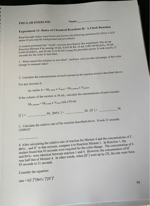 Experiment 11: Rates of Chemical Reactions II: A | Chegg.com