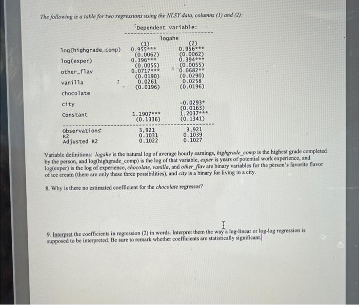Solved The following is a table for two regressions using | Chegg.com