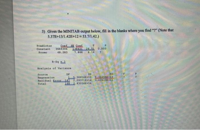 Solved 3) Given the MINITAB output below, fill in the blanks | Chegg.com