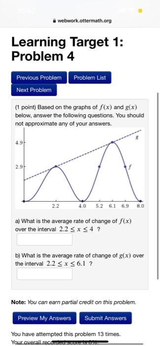 Solved (1 point) Based on the graphs of f(x) and g(x) below, | Chegg.com
