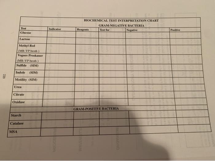 BIOCHEMICAL TEST INTERPRETATION CHART GRAM-NEGATIVE | Chegg.com