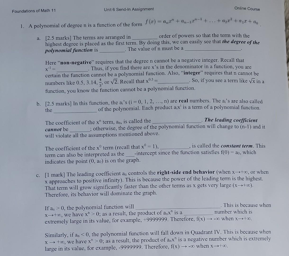 Solved Unit 6 Send-In Assignment Online Course polynomial of | Chegg.com