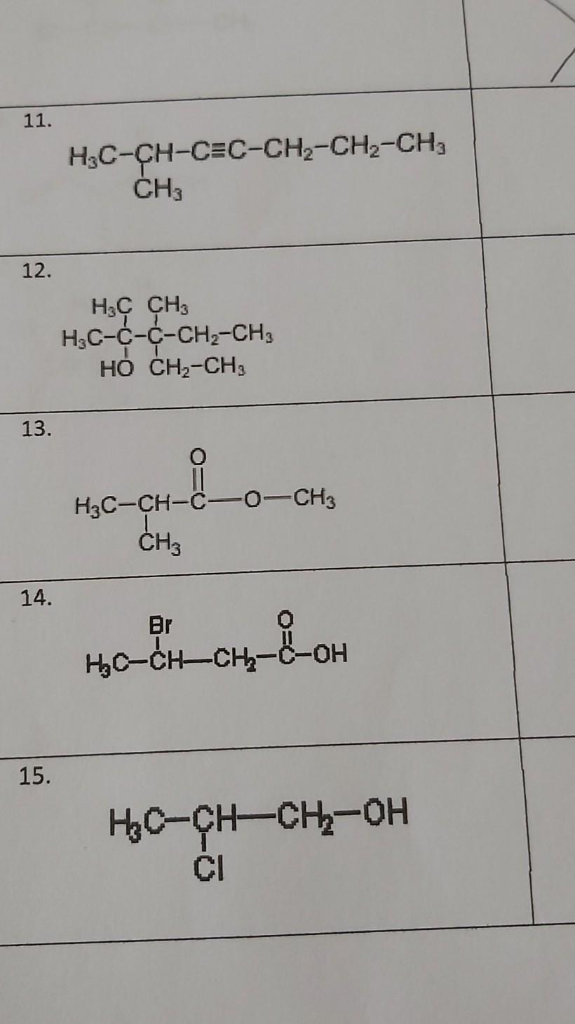 Solved 11. H3C-CH-C=C-CH2-CH2-CH CH3 12. HEÇ CH3 | Chegg.com