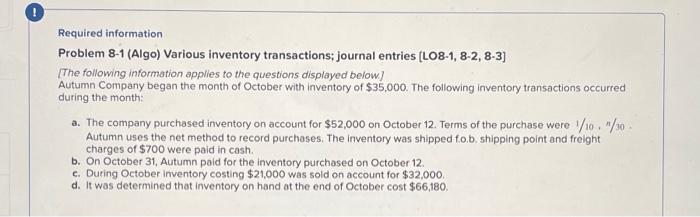 Solved Required information Problem 8-1 (Algo) Various | Chegg.com
