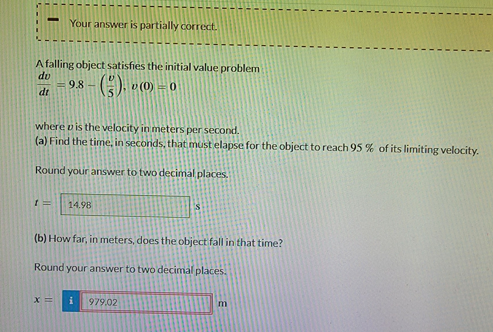 Solved Your answer is partially correct.A falling object | Chegg.com