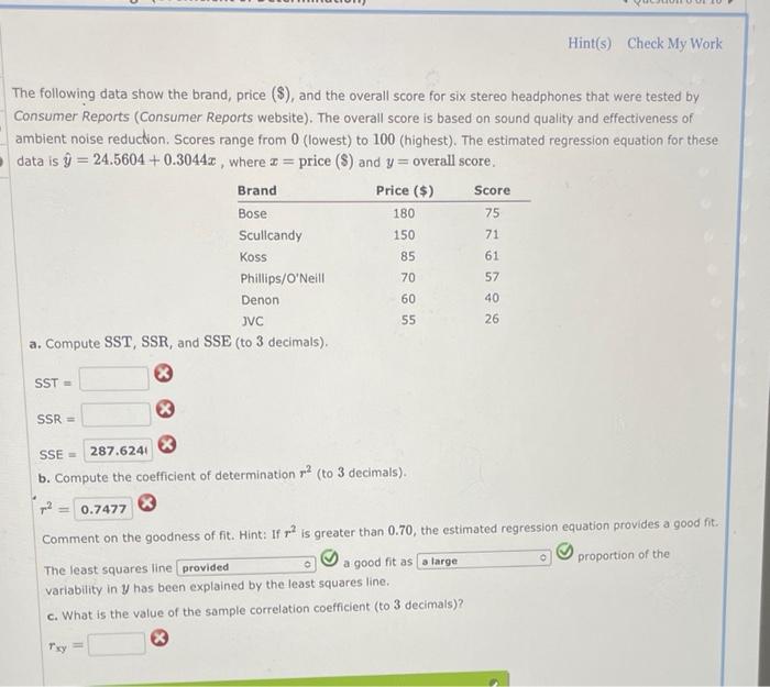 Solved Hint(s) Check My Work The following data show the | Chegg.com