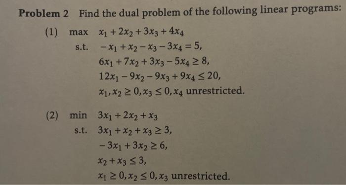 Solved Problem 2 Find the dual problem of the following | Chegg.com