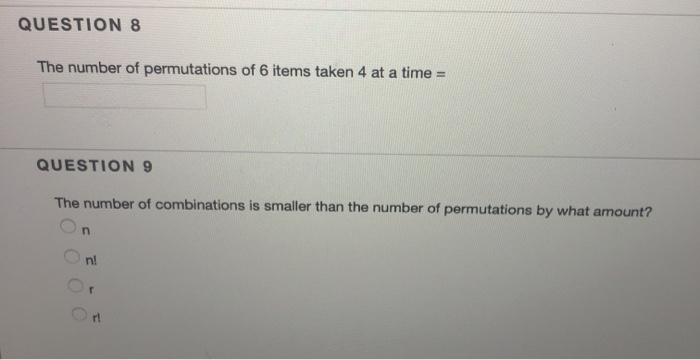 Solved QUESTION 8 The number of permutations of 6 items | Chegg.com