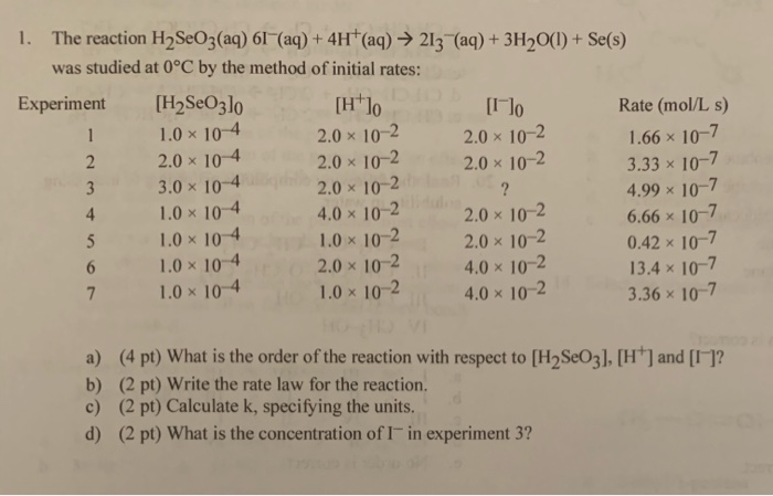 Solved 1. The reaction H2SO3(aq) 61 (aq) + 4H+ (aq) + | Chegg.com