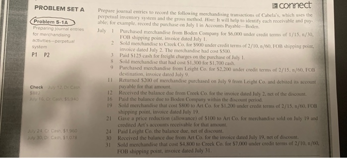 Solved PROBLEM SETA Problem 5-1A Preparing journal entries | Chegg.com