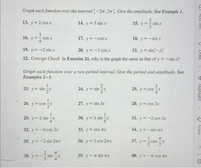 Graph each finction over the interval [−2π,2π]. Give | Chegg.com