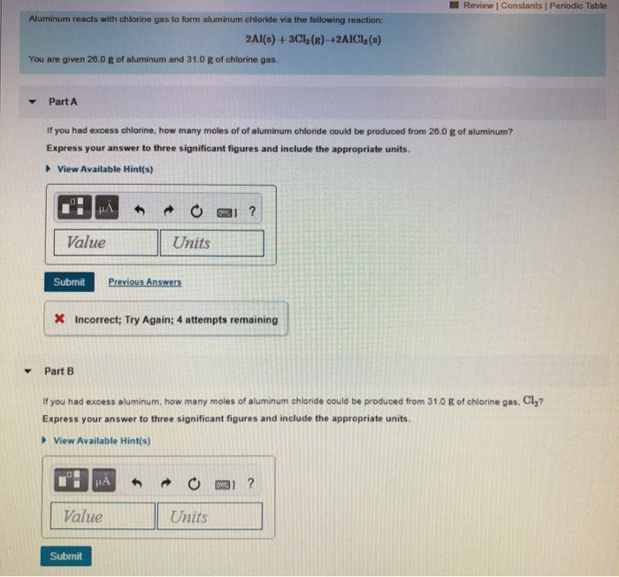 Solved Review Constants Periodic Table Aluminum reacts with | Chegg.com