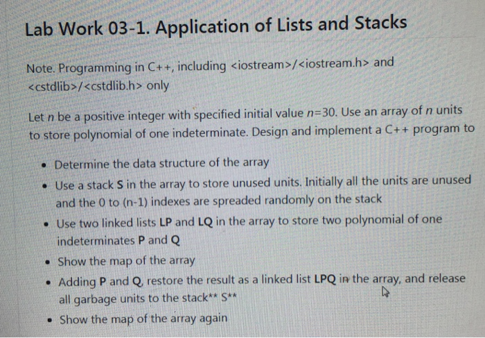 Lab Work 03-1. Application of Lists and Stacks Note. | Chegg.com