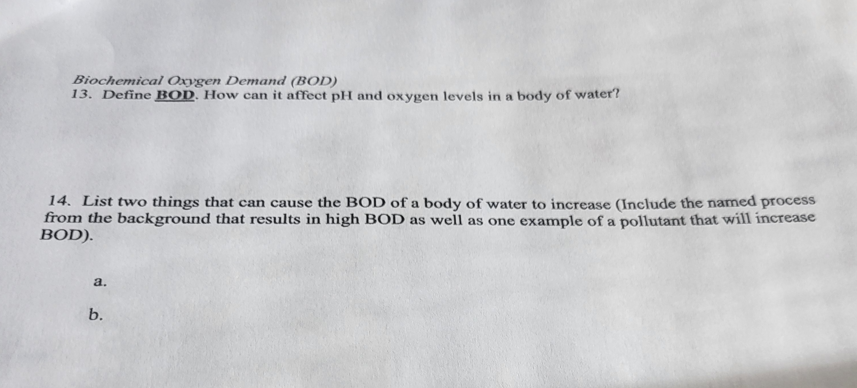 Solved Biochemical Oxygen Demand (BOD)Define BOD. How can it | Chegg.com